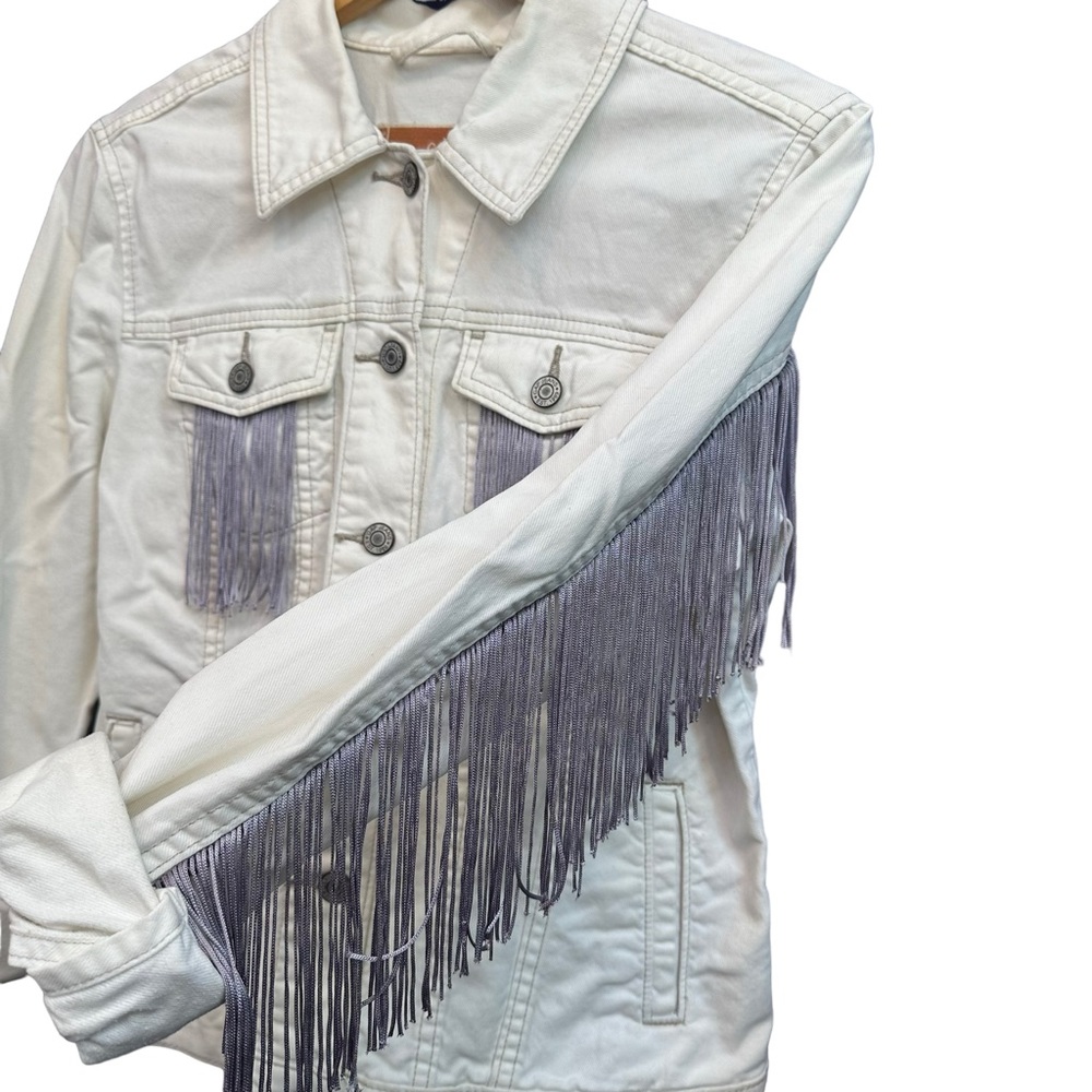 Upcycled White Gap Fringe Denim Jacket. Size M - Gem
